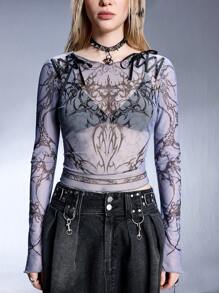 ROMWE Grunge Punk Y3K Cybersigilism Print Mesh Sheer Skinny Top | SHEIN USA