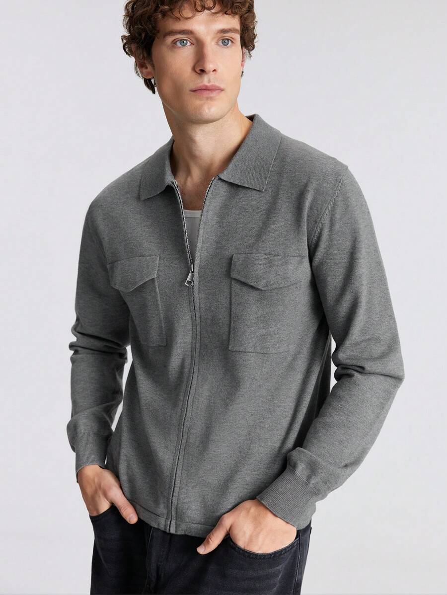 Ontre Men's Front Zipper Long Sleeve Pocket Simple Jacket Daily Casual ...