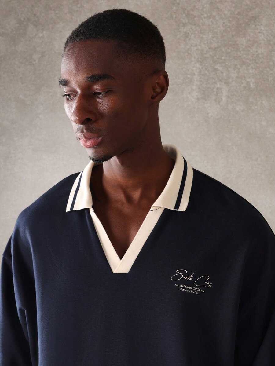 SUMWON Oversized Fit Elbow Sleeve Polo Shirt With Open Placket Detail ...