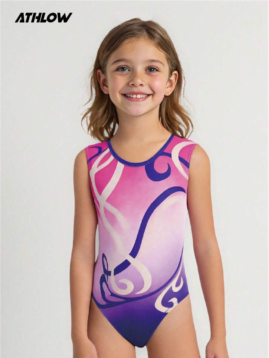 SHEIN Young Girls Activewear Camisole Leotard Tight Fit Spandex Patterned Swimwear Gymnastics ...