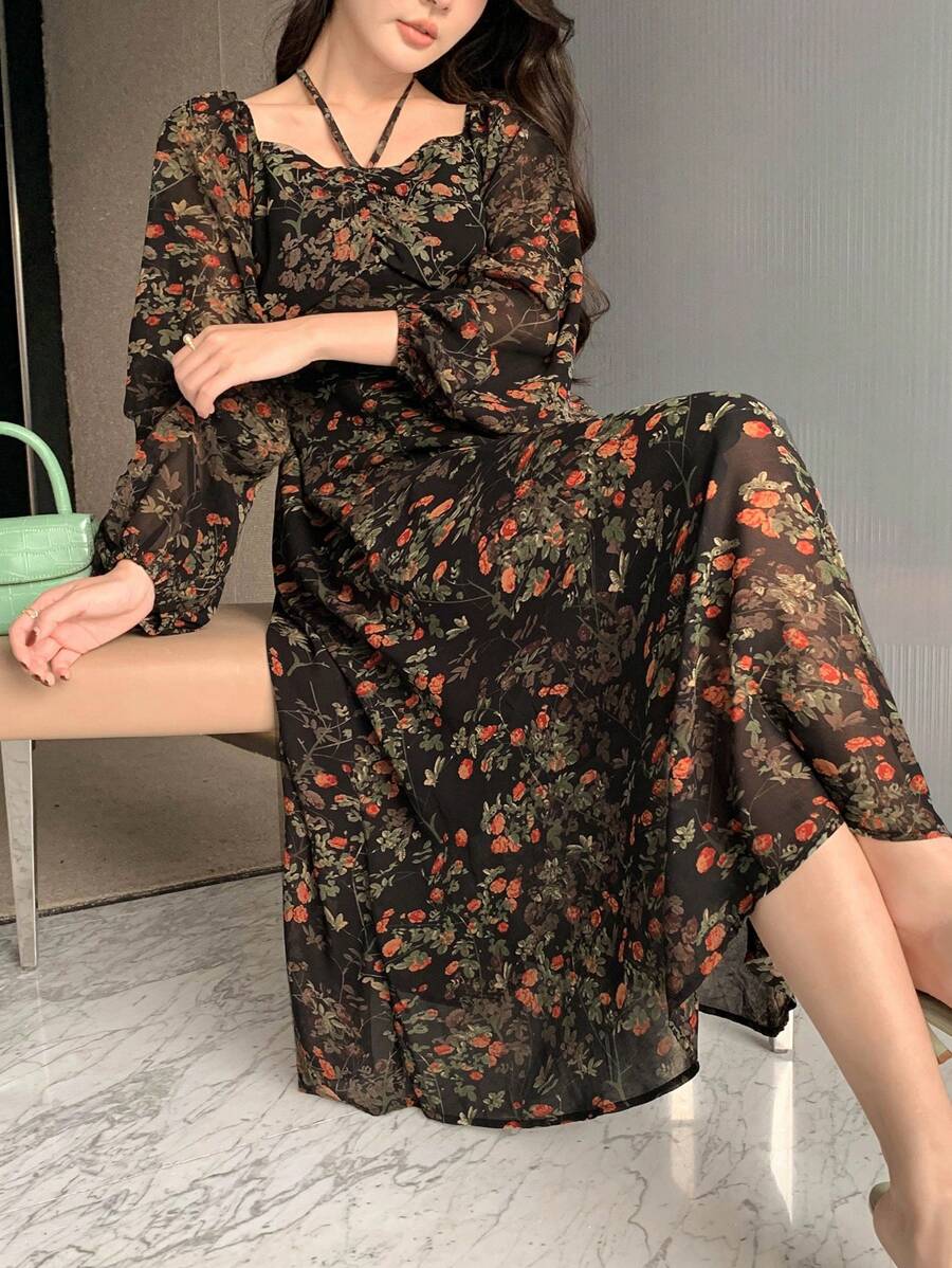 DAZY Women Square Neck Floral Print Belted Midi Dress | SHEIN EUR
