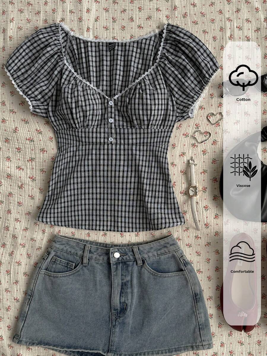 SHEIN CovetEZ Women's Black & White Checkered Woven Shirt With ...