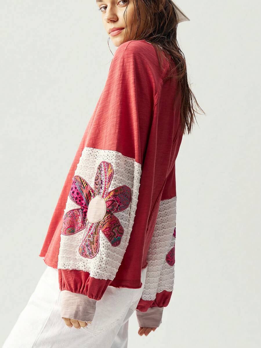 Bohemela BOHO Women's Casual Solid Color Knit Patchwork Lantern Sleeve Colorful Floral ...