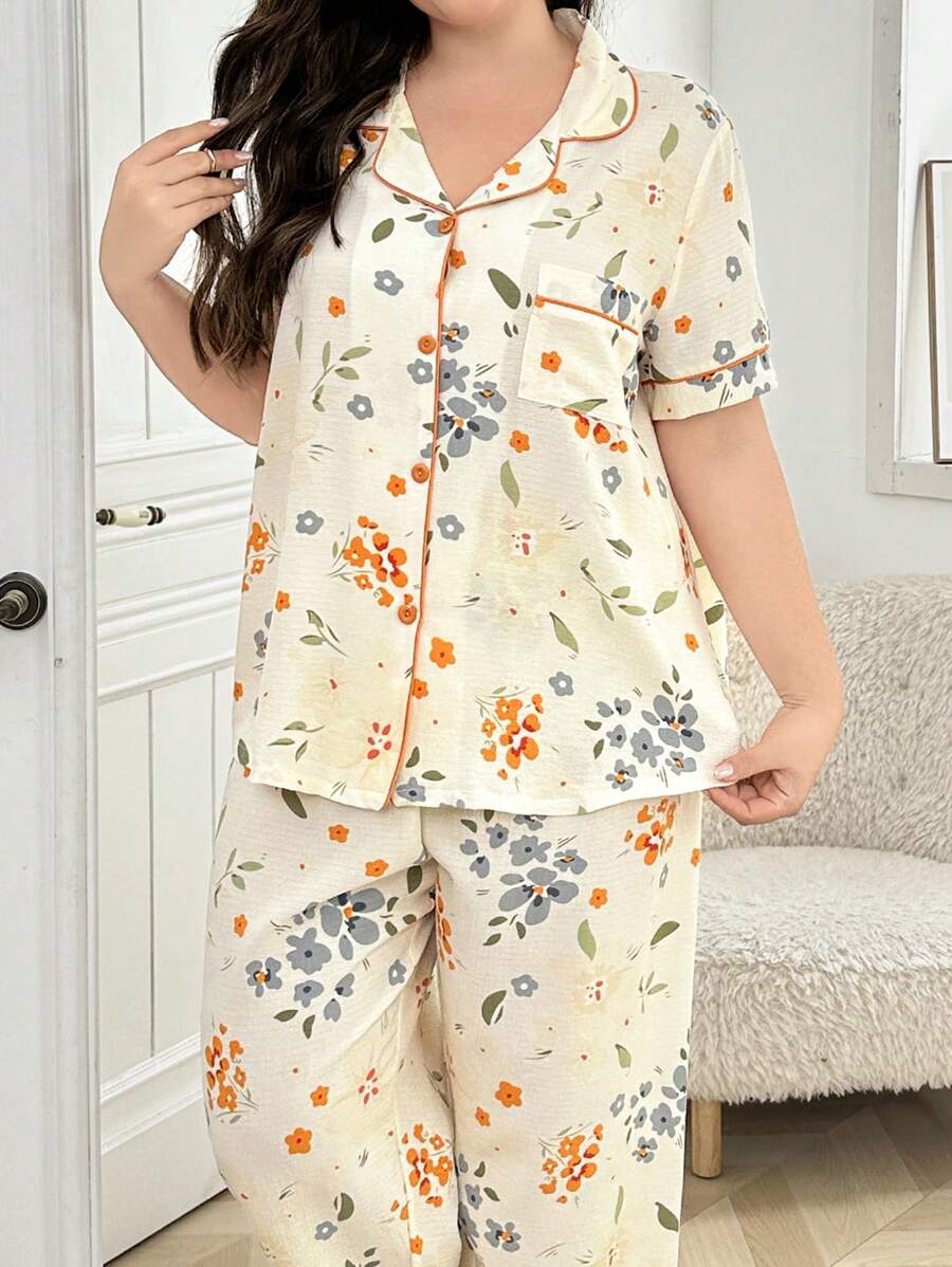 Plus Size Floral Print Bubble Chiffon Collar Trim Pocket Design Women ...