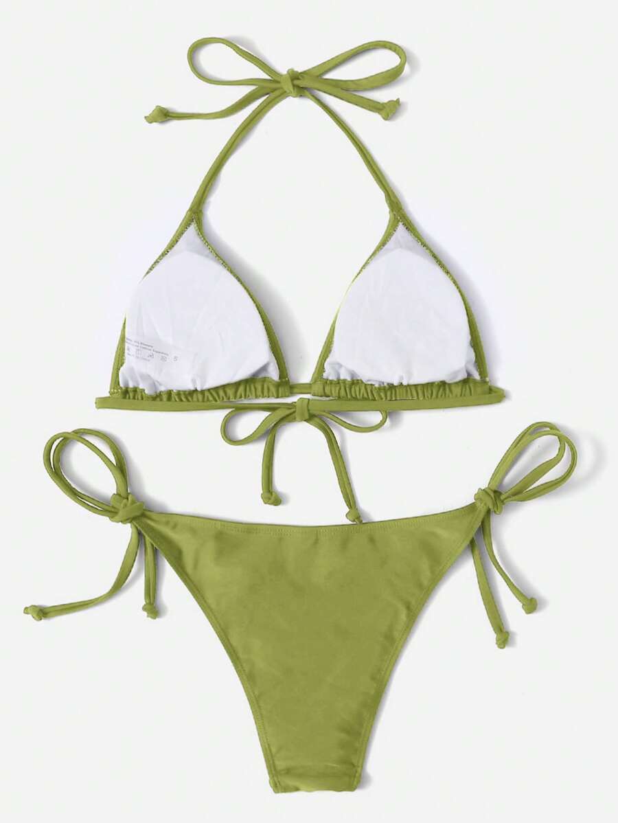 Shein Swim Womens Solid Color Halter Strap Back Tie Bikini Top And