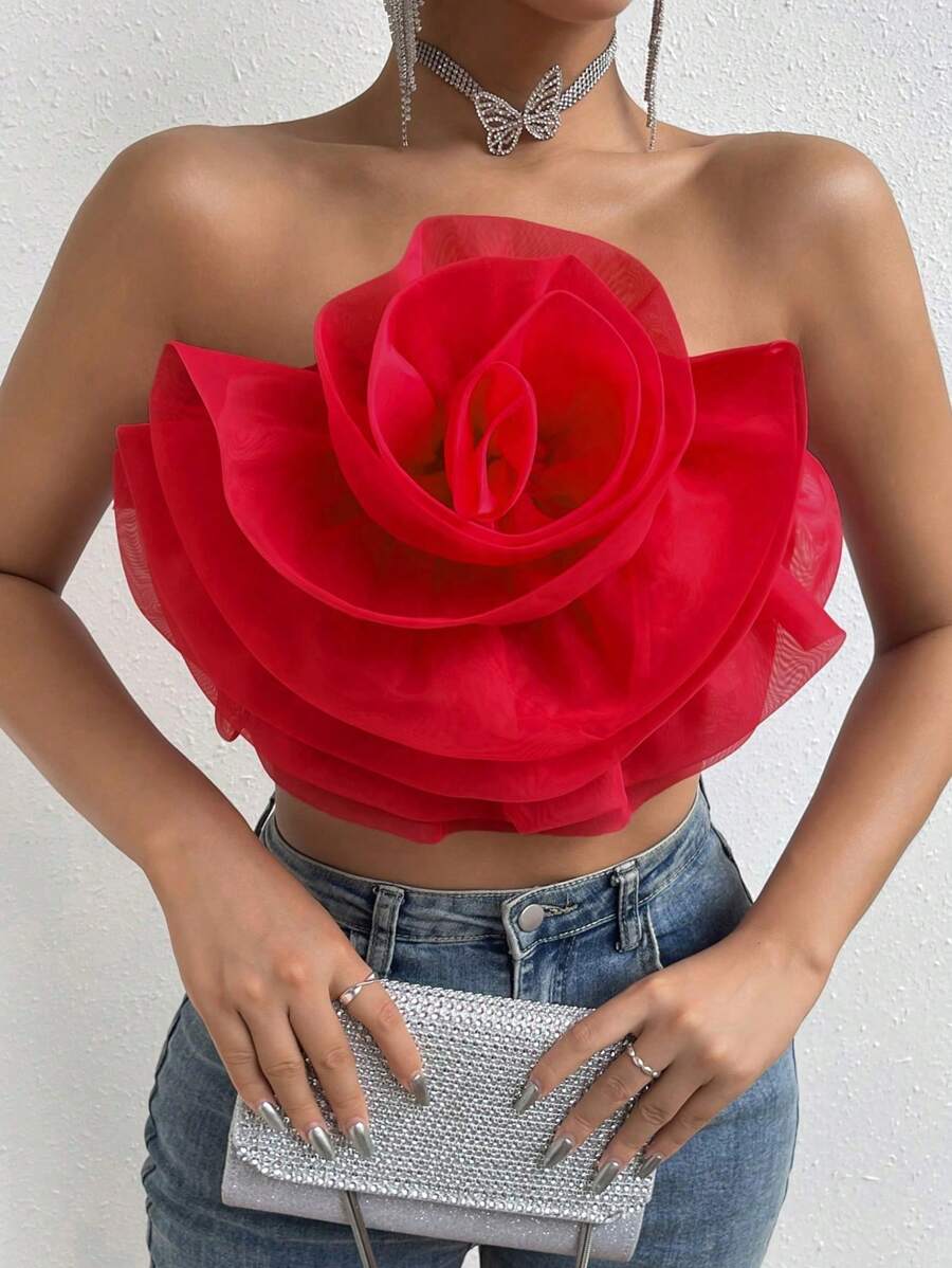 Chiquease Women's Solid Color 3D Rose Tube Top With 3D Floral Decor ...