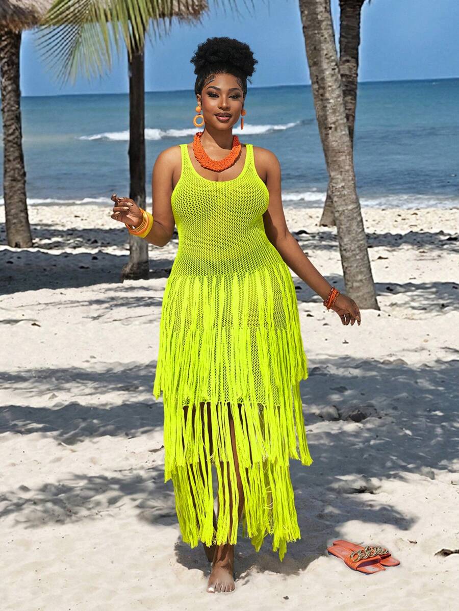 Slaydiva New 2025 Curve Plus Size Women Solid Hollow Out Sleeveless ...