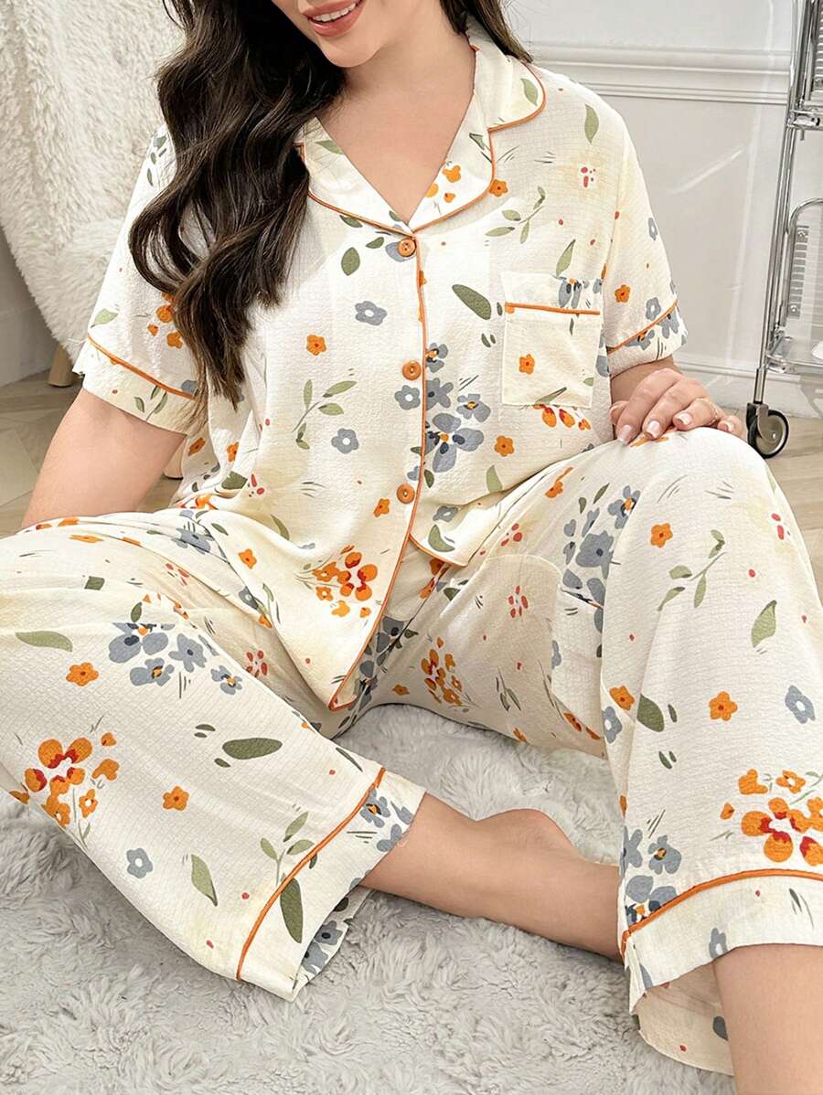 Plus Size Floral Print Bubble Chiffon Collar Trim Pocket Design Women ...