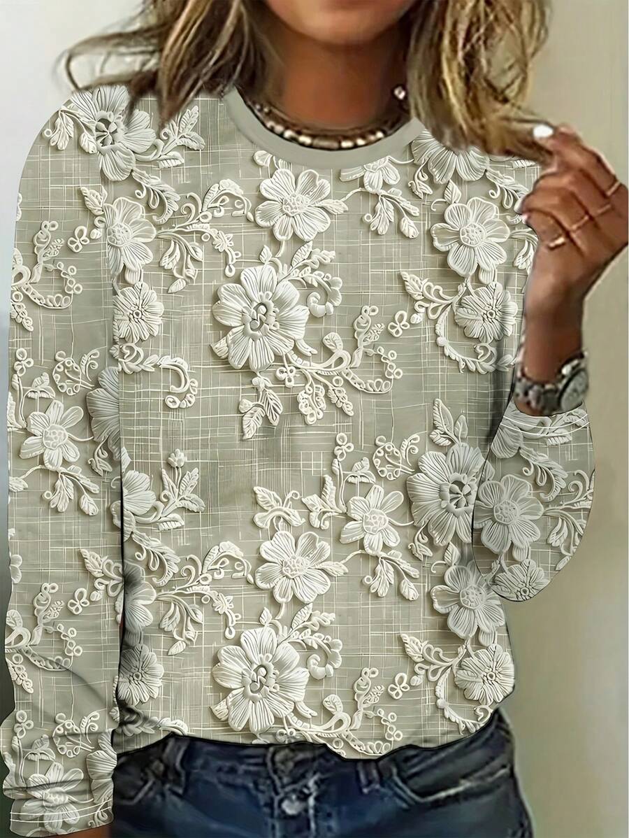 SHEIN LUNE Women's 3D Floral Lace Embroidery Linen Blend Long Sleeve ...