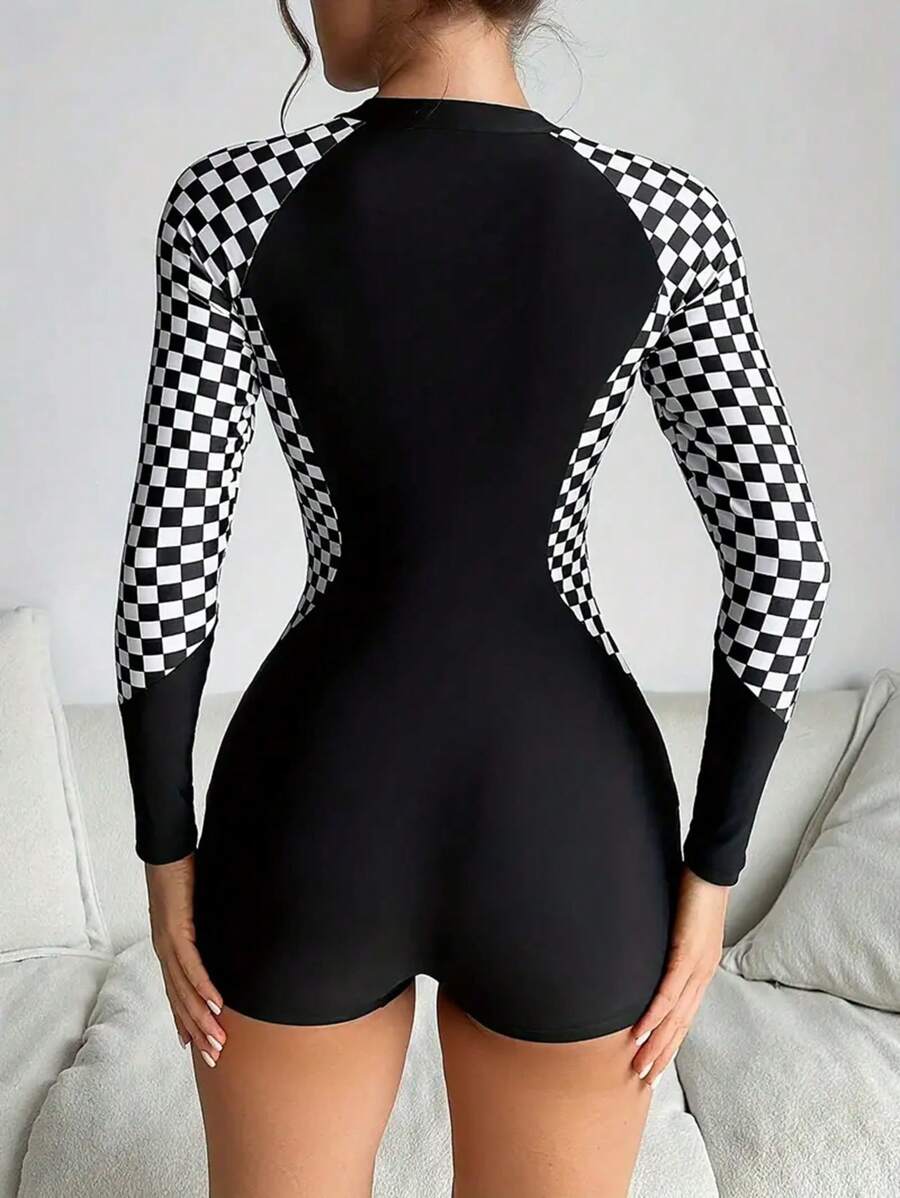 Checkered Print Patchwork Front Zipper Surfing Wetsuit for Sale ...