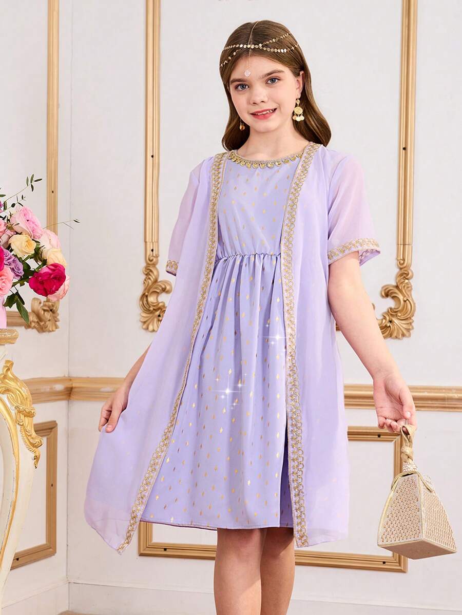 2 Pieces Set For Tween Girls: Purple Foil Dress With Gold-Trim Mesh ...