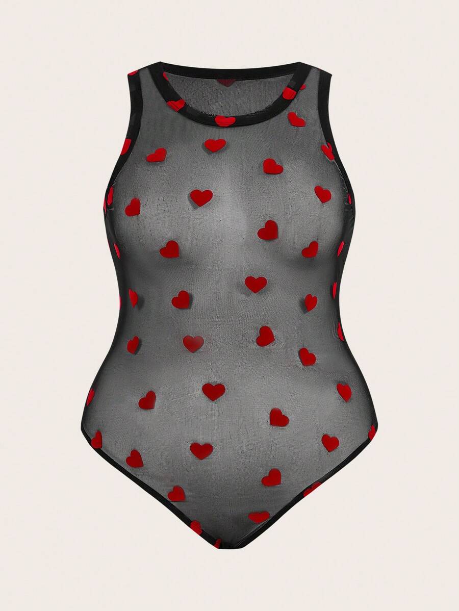 SHEIN LUNE Plus Size Heart Sheer Mesh Valentine's Day Bodysuit ...