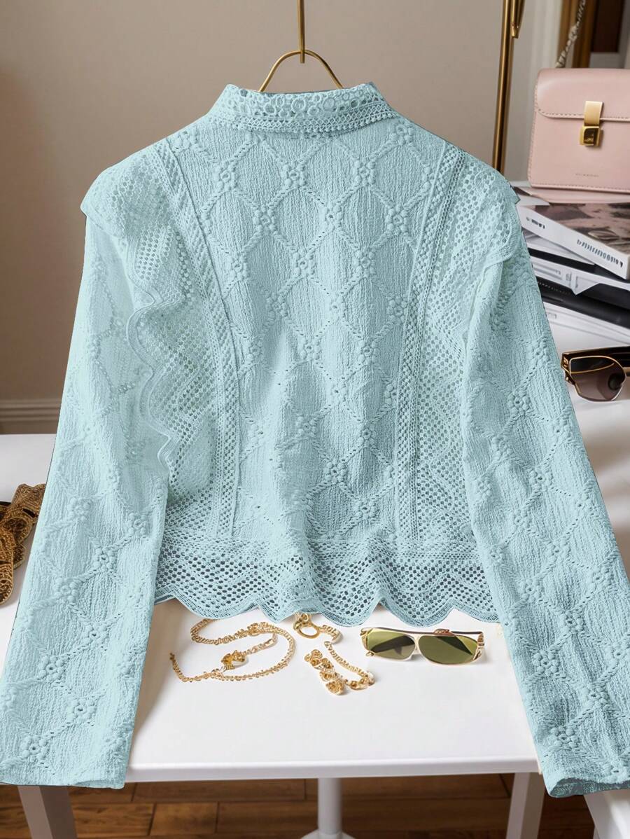 SHEIN Franclia Women's Lace Trim French Collar Button Front Long Sleeve ...