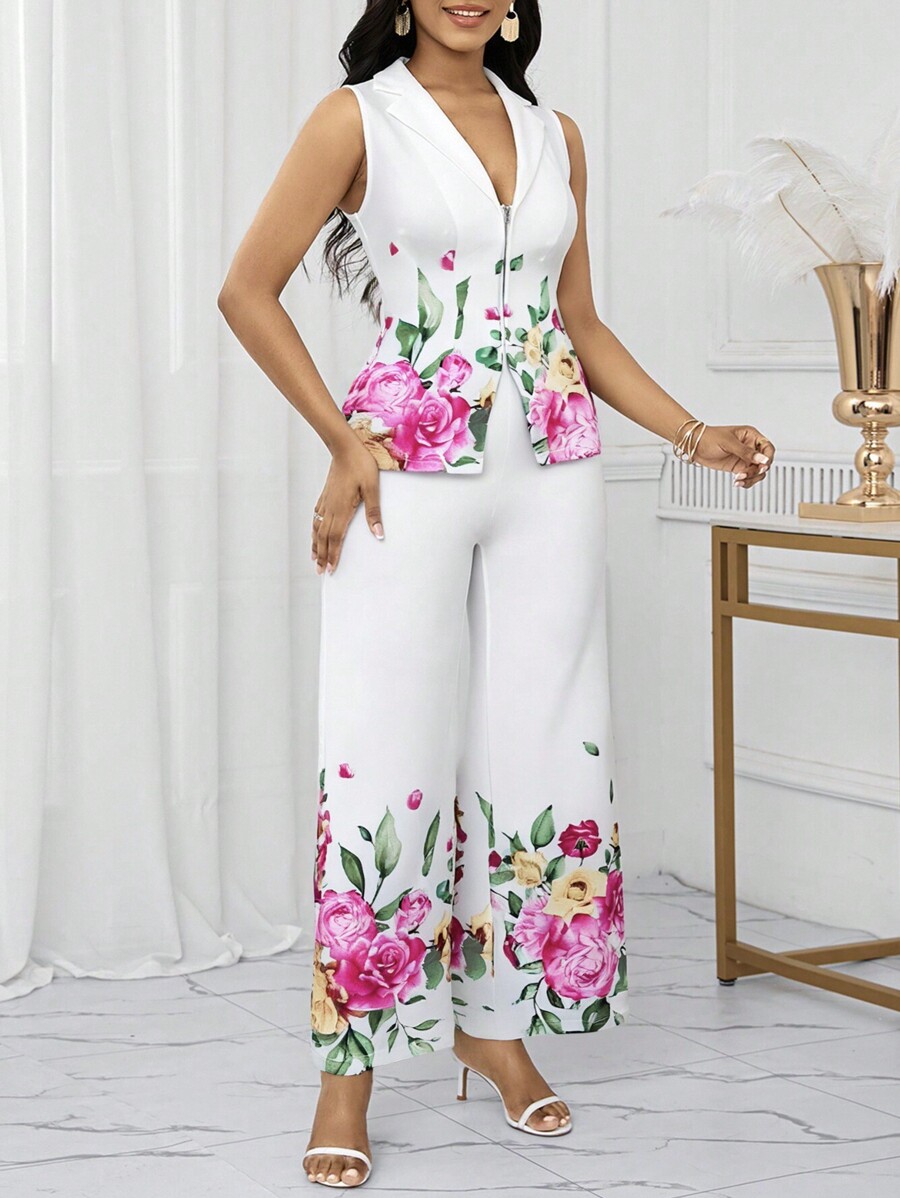 SHEIN Lady 2 Piece Sets Ladies Suit Vest Positioning Flower Floral ...