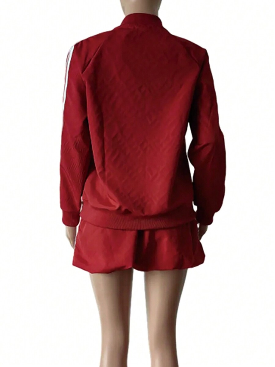INAWLY Women's Solid Color Splice Front Zip Long Sleeve Top And Shorts ...