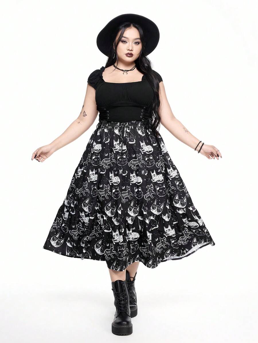 ROMWE Goth Plus Size All-Over Cat Print A-Line Cake Hem Skirt | SHEIN EUR