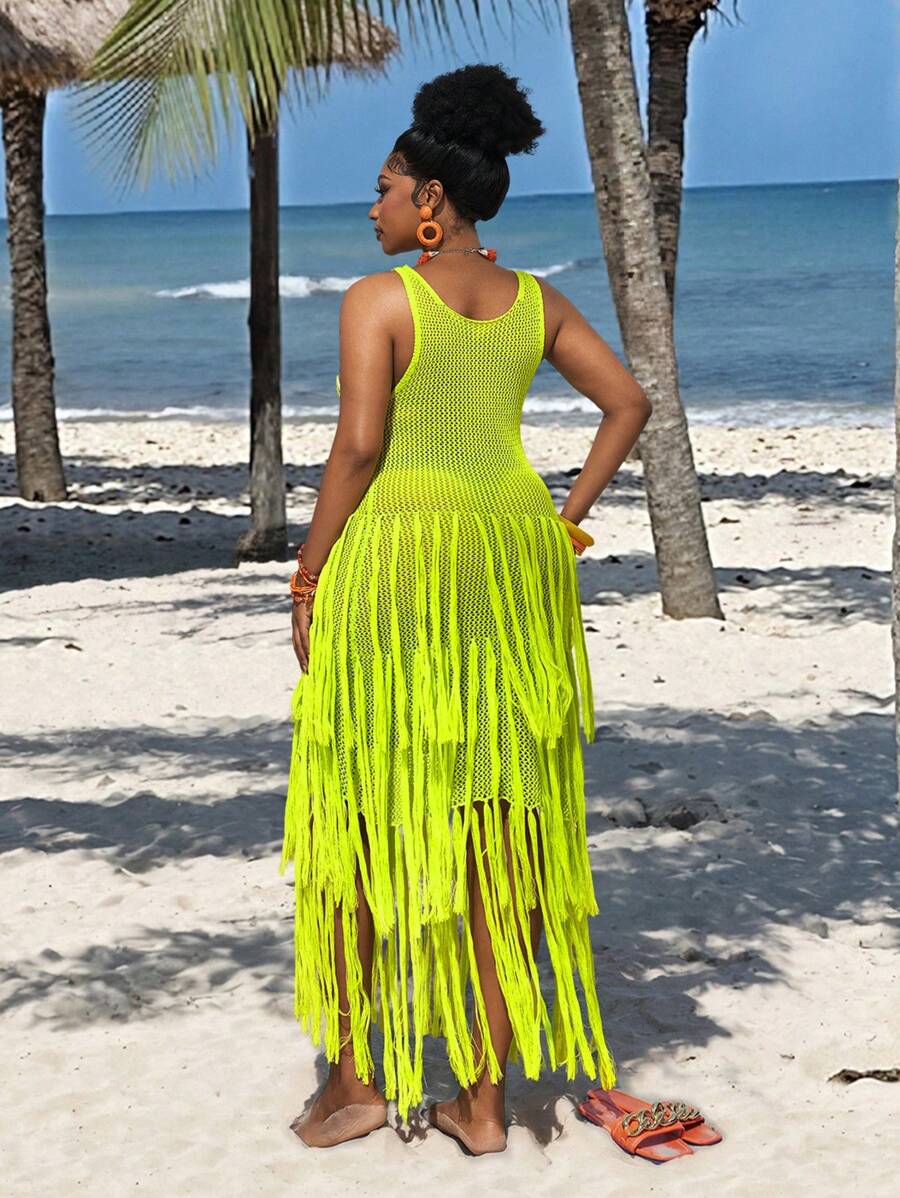 Slaydiva New 2025 Curve Plus Size Women Solid Hollow Out Sleeveless