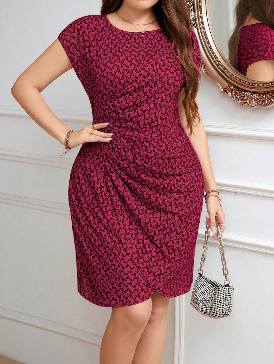SHEIN Clasi Plus Size Round Neck Short Sleeve All-Over Print Ruched ...