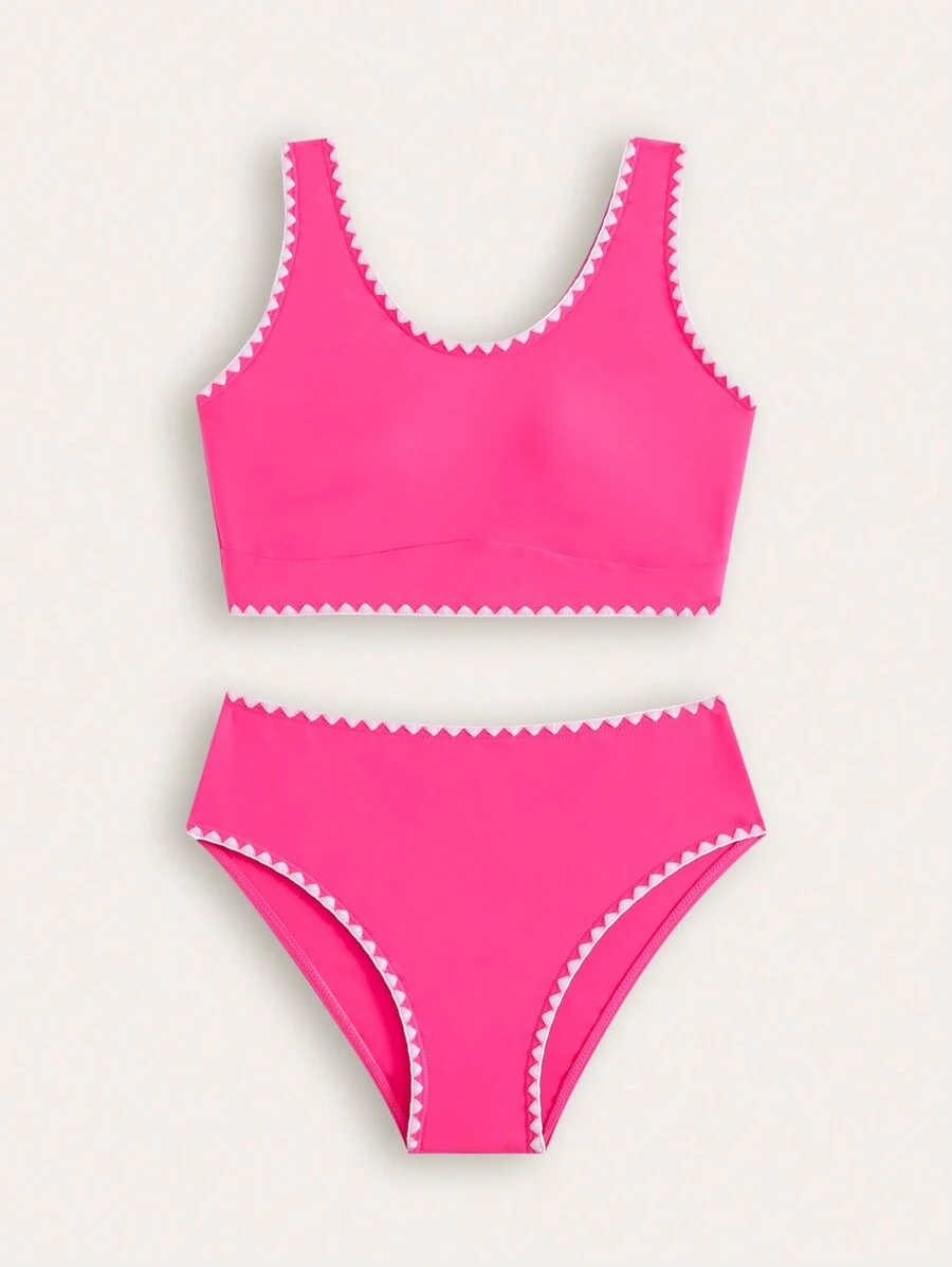 New Style Fashion Tween Girl Solid Color Dog Tooth Edge Swimwear Set ...