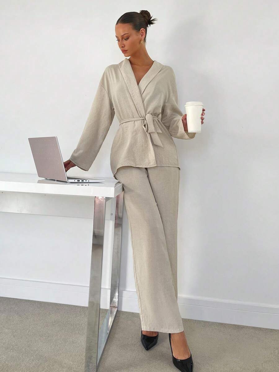 SHEIN Essnce Women's Solid Color Wrap Elegant Casual Kimono Suit Office ...