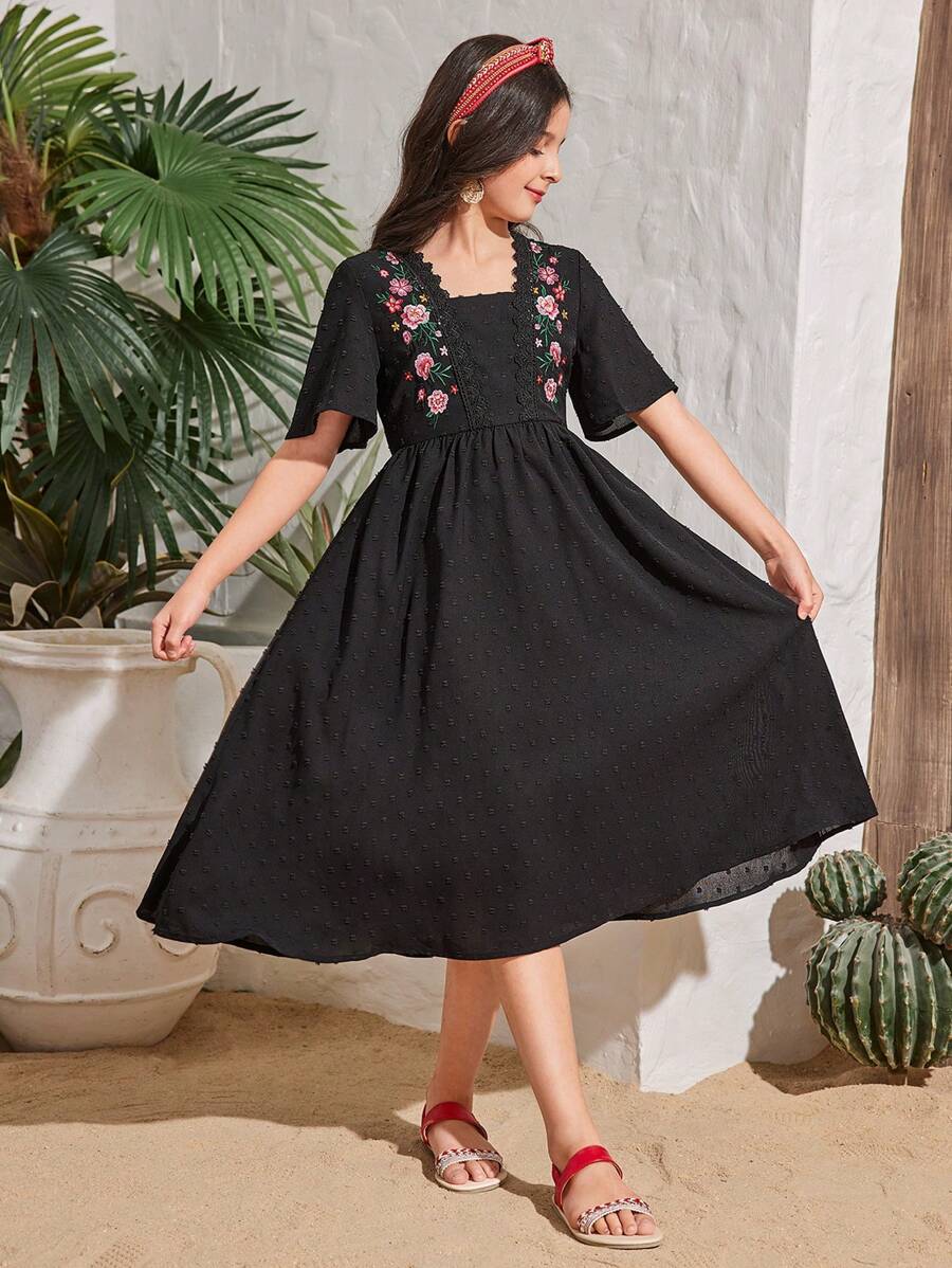 Tween Girls Ramadan Black Texture Embroidered Vacation Dress | SHEIN EUR