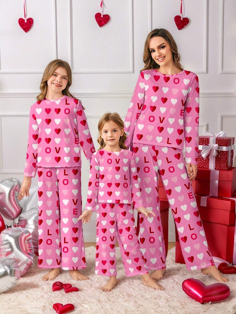 SHEIN Tween Girl Pink Heart Pattern Valentine's Day Casual Slim Fit ...