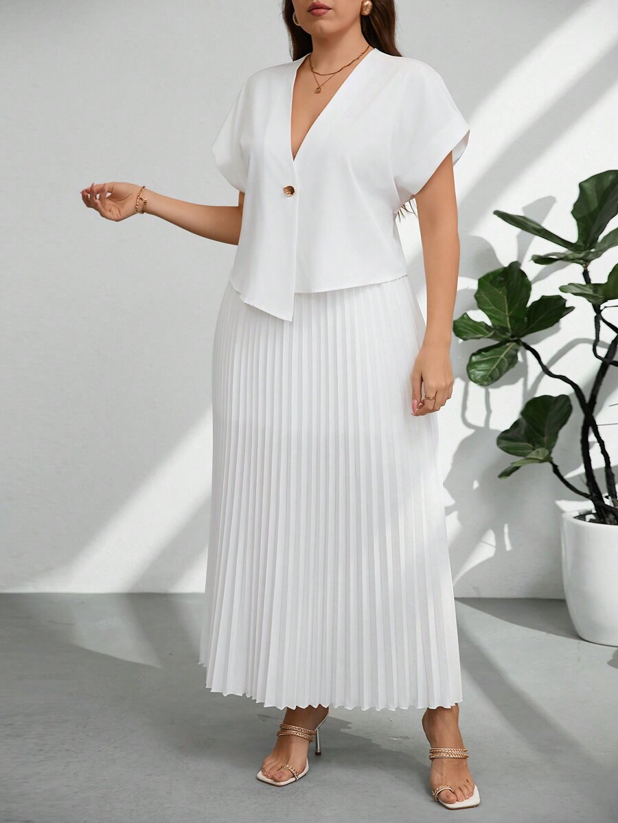 Firerie 2pcs/Set Plus Size Solid Color Front Button Short Sleeve Blouse ...