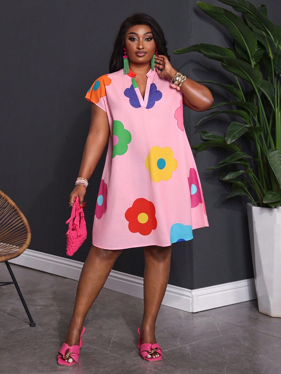 Slaydiva Plus Size Plus Size Women Colorful Floral Print V-Neck Loose ...