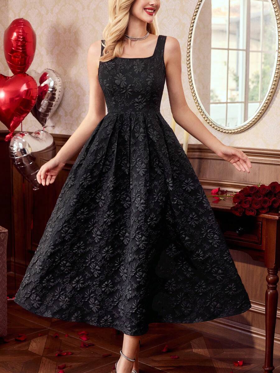 Vintamour Women's Black Elegant Formal Autumn Knit Jacquard Slip Dress ...