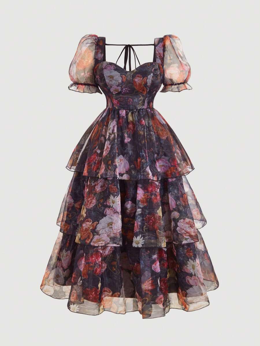 SHEIN MOD Plus Size Vintage Floral Print Layered Ruffle Maxi Dress for ...
