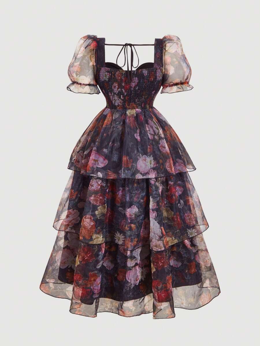 SHEIN MOD Plus Size Vintage Floral Print Layered Ruffle Maxi Dress for ...