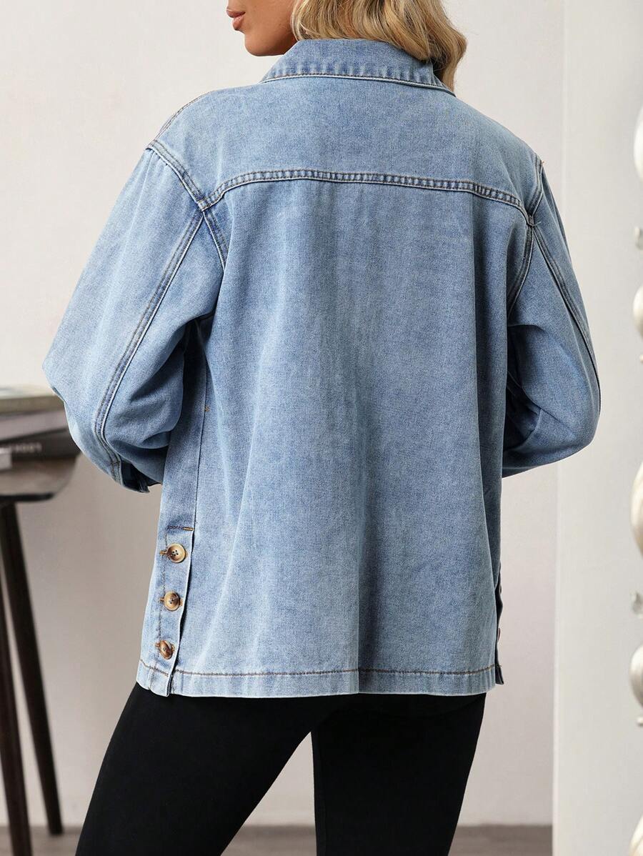 SHEIN LUNE Women's Front Button Long Sleeve Pocket Simple Casual Denim ...