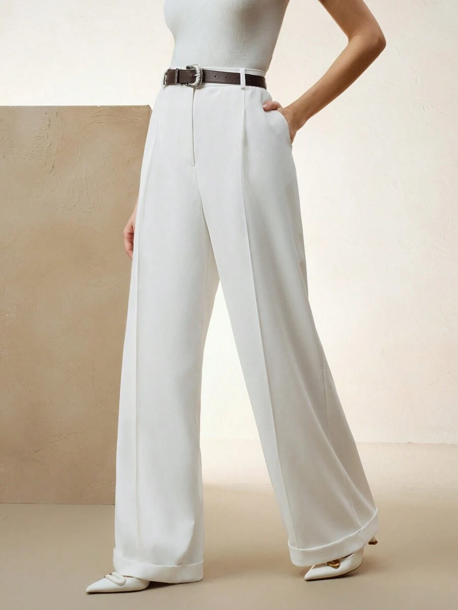 Anewsta Elaire Casual Straight Suit Pants White High Waist Slim With ...