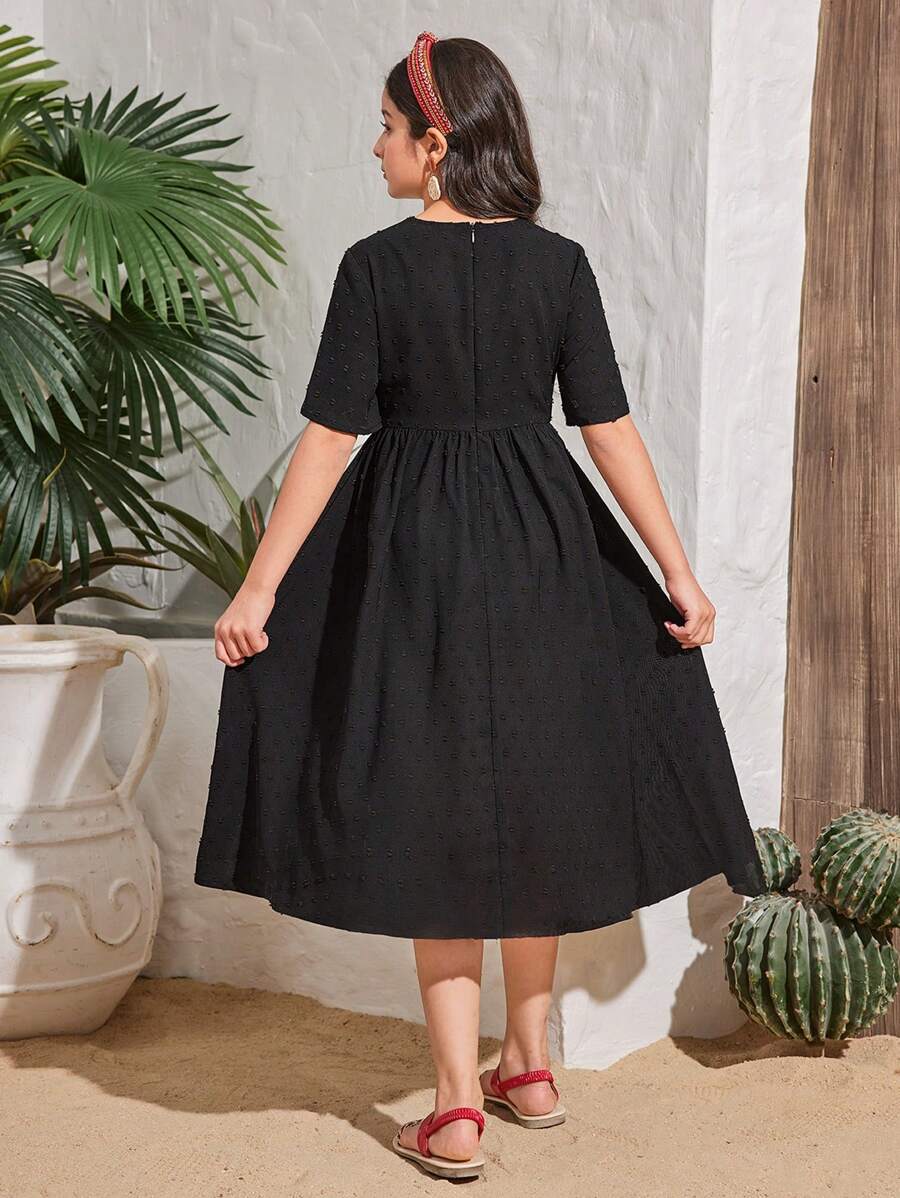 Tween Girls Ramadan Black Texture Embroidered Vacation Dress | SHEIN EUR