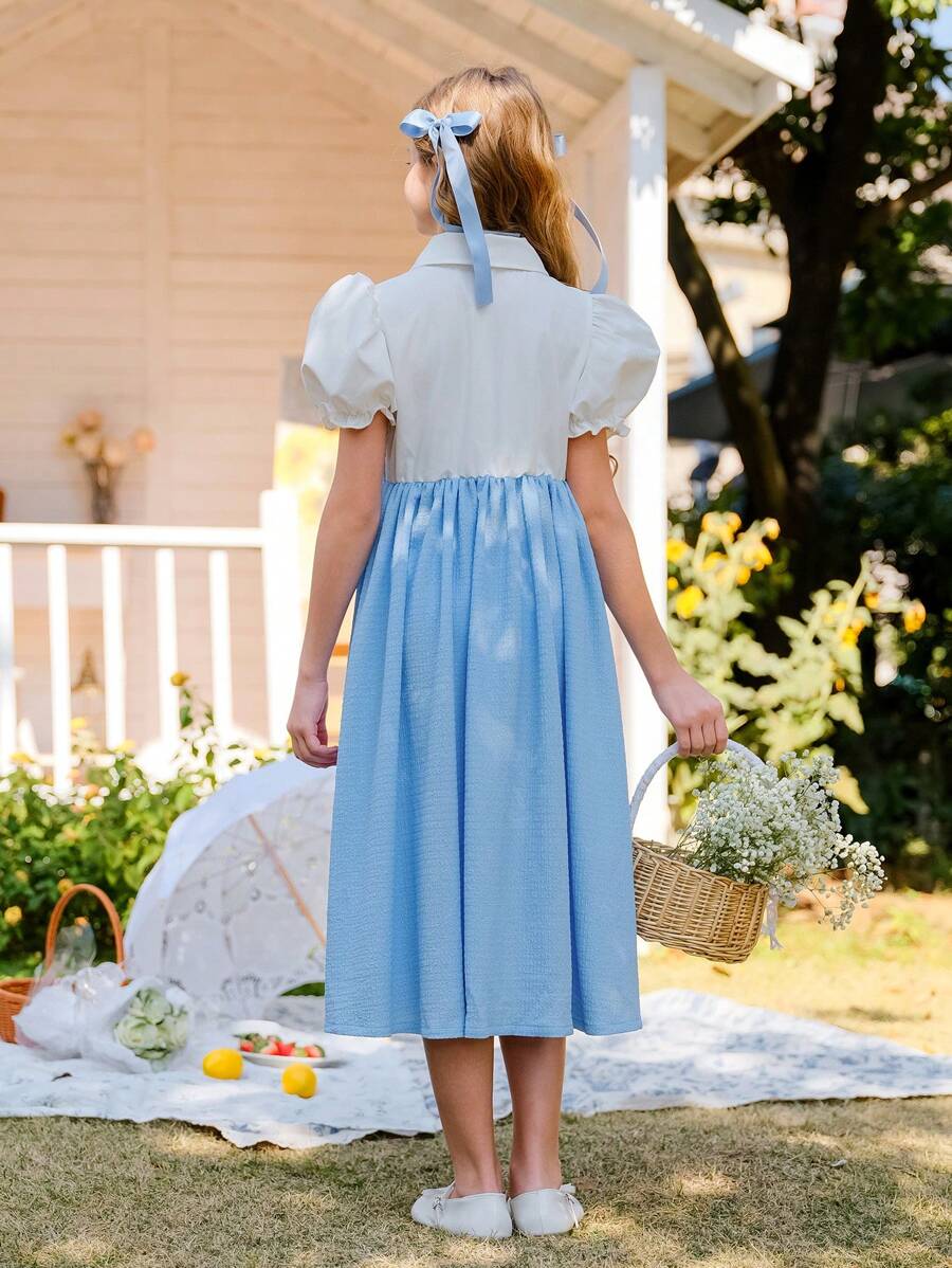 Lunivi Tween Girls 2 In 1 Puff Sleeve Bow Tie Waist Maxi Dress, Elegant ...