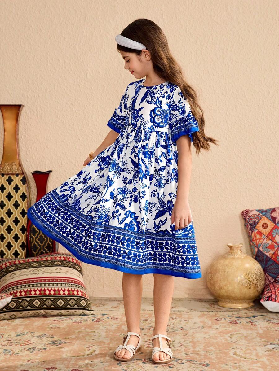 Tween Girl Blue Floral Pattern Retro Print A-Line Ramadan Ramadan Eid ...