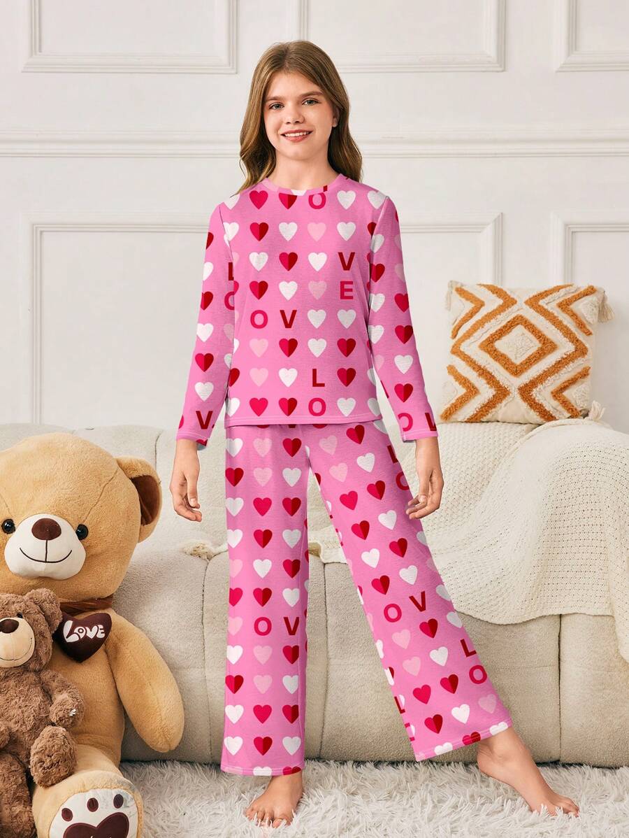 SHEIN Tween Girl Pink Heart Pattern Valentine's Day Casual Slim Fit ...