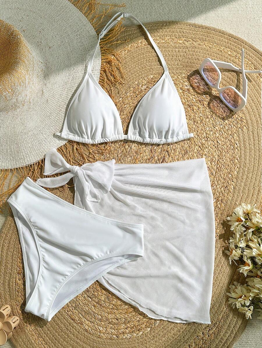 SHEIN 3 Piece Teen Girls' White Swimsuit Bikini Set, Vacation Beach Style | SHEIN UK