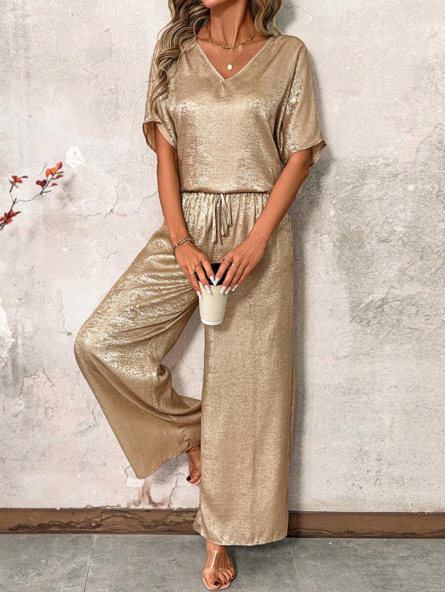 2pcs/Set Women Gold Foil V-Neck Loose Blouse + Elastic Waist Wide Leg ...