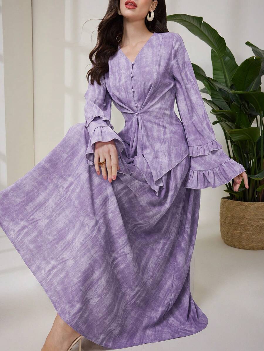 Modelyn Vrouwen V-hals lange mouw casual top en rok 2-delige set | SHEIN Nederland