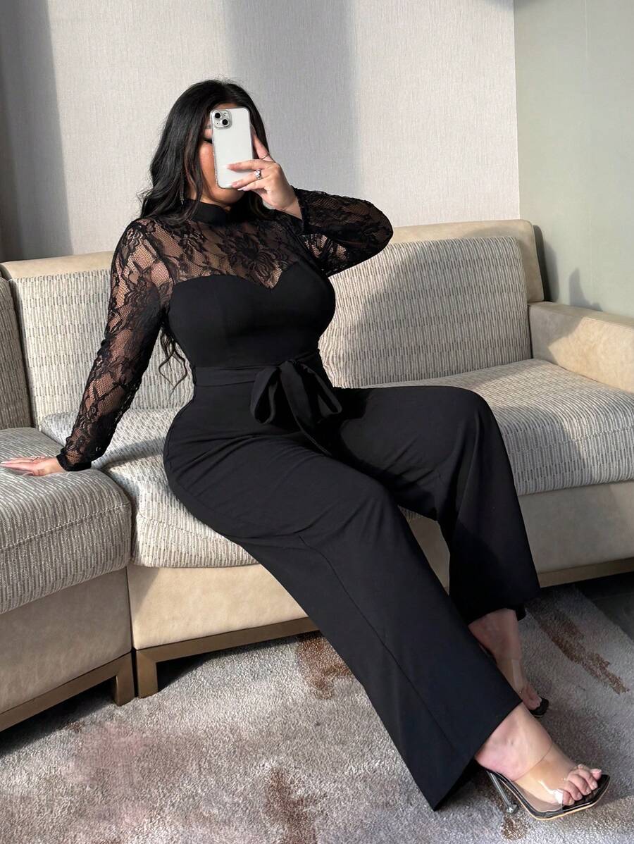 NU&NOW Plus Size Women Lace Patchwork Stand Collar Long Sleeve Jumpsuit | SHEIN USA