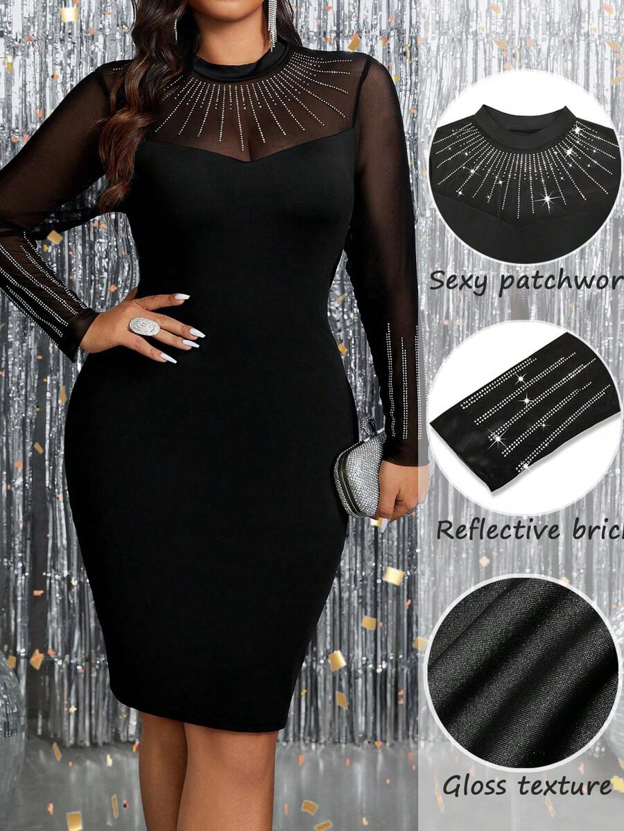 SHEIN Clasi Plus Size Women Elastic Mesh Splice Rhinestone Decor Slim Elegant Dress | SHEIN ...