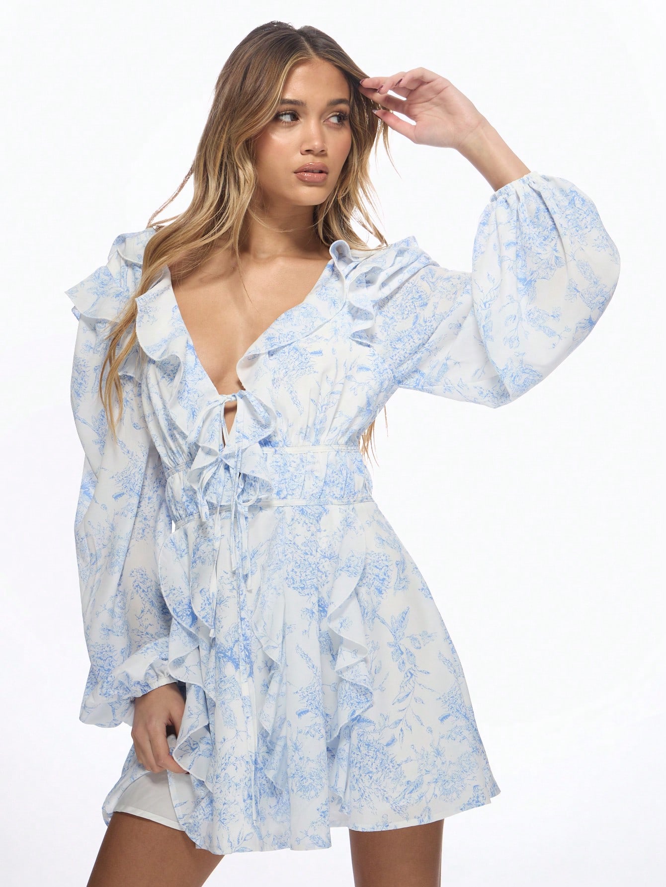 Ruffle Insert Volume Skater Mini Dress With Tie Front And Balloon ...