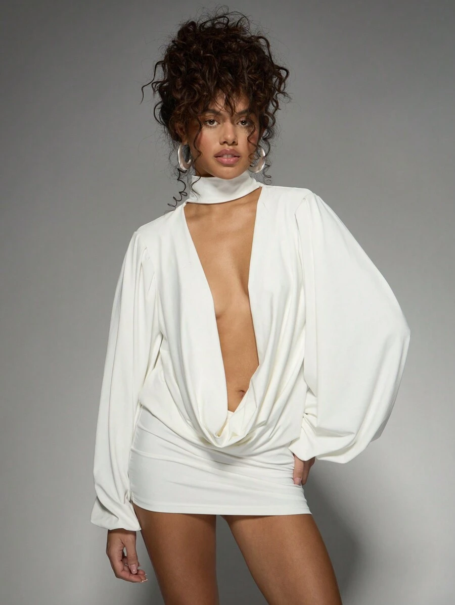 MISSGUIDED Choker Neck Draped Mini Party Dress Elegant Puff Sleeve ...