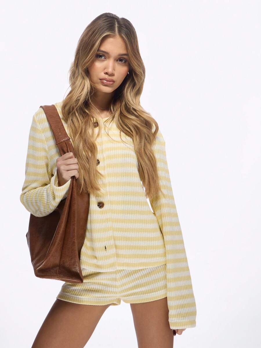 MISSGUIDED Stripe Knit Buttoned Round Neck Cardigan And Shorts Two ...