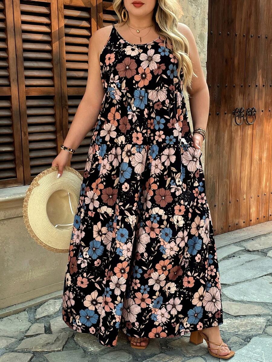 SHEIN VCAY Vestido Longo Estampado Floral Preto Casual de Férias na ...