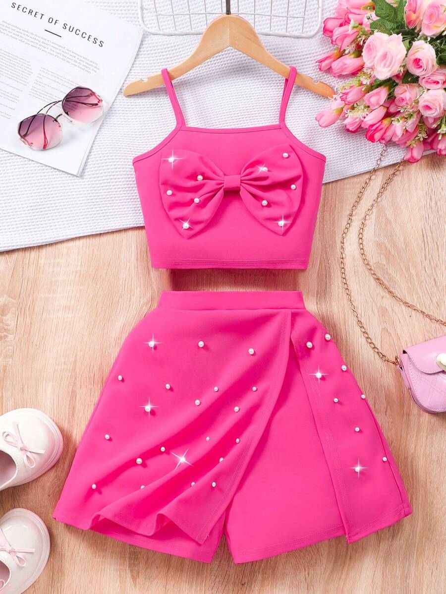 Tween Girl Bow Pearl Camisole Top And Pearl Skort Set | SHEIN USA