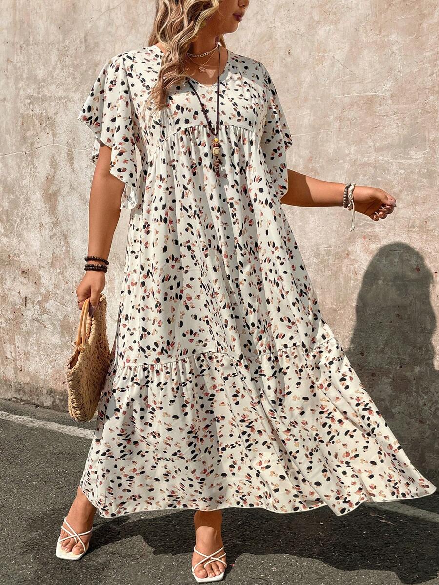 EMERY ROSE Plus Size Women Elegant Ditsy Floral Loose Ruffled Sleeve V-Neck Patchwork Maxi Dress ...