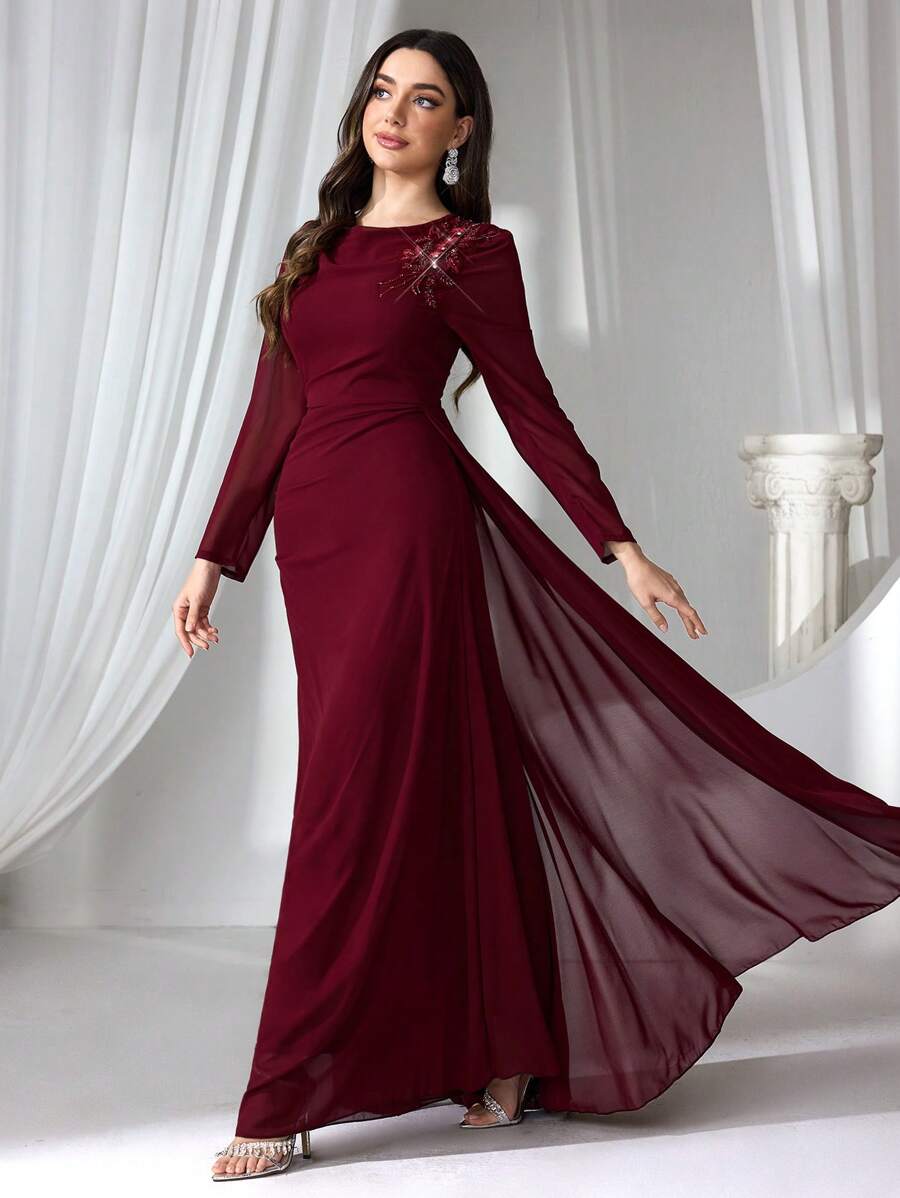 SHEIN Belle High-End Long Sleeve Evening Gown, Elegant Party Dress ...
