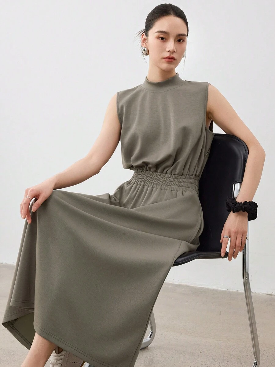 Dazy-Less Vestido midi sem mangas com design casual de negócios, cintura cingida, simples, cor ...